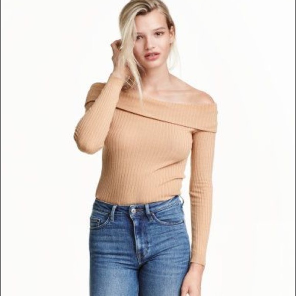 H&M | Tops | Hm Beige Ribbed Off The Shoulder Top | Poshmark